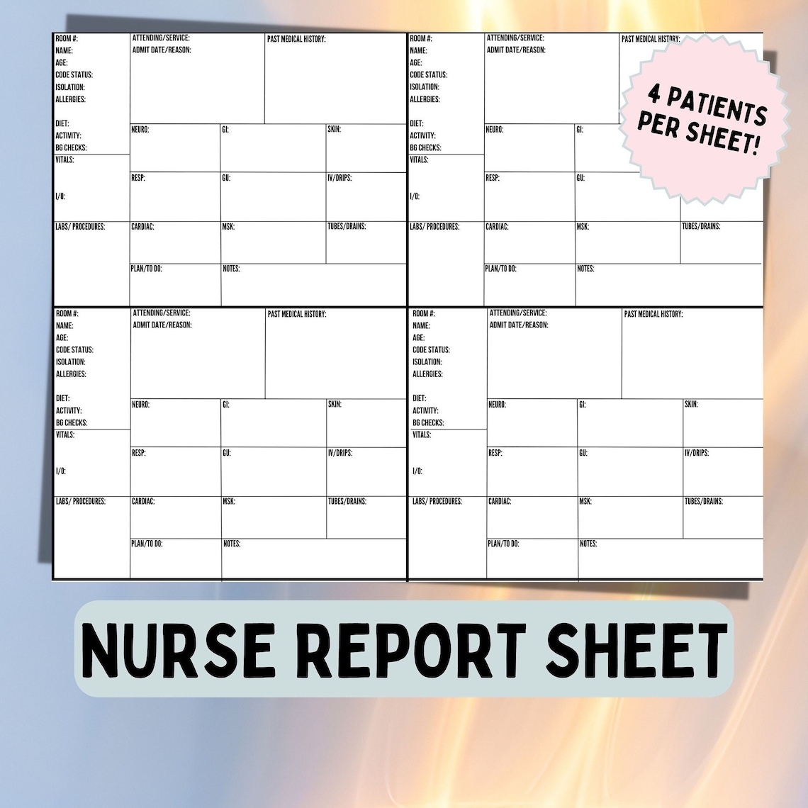 Nursing Report Sheet, Nurse Brain Sheet, Med Surg Nurse Report Sheet ...