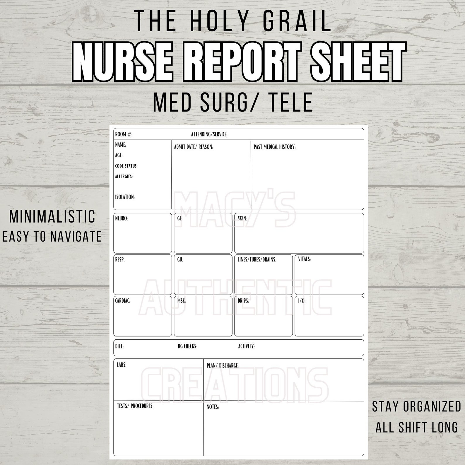 Nurse Report Sheet, RN Handoff Tool, Medical Surgical Telemetry ...