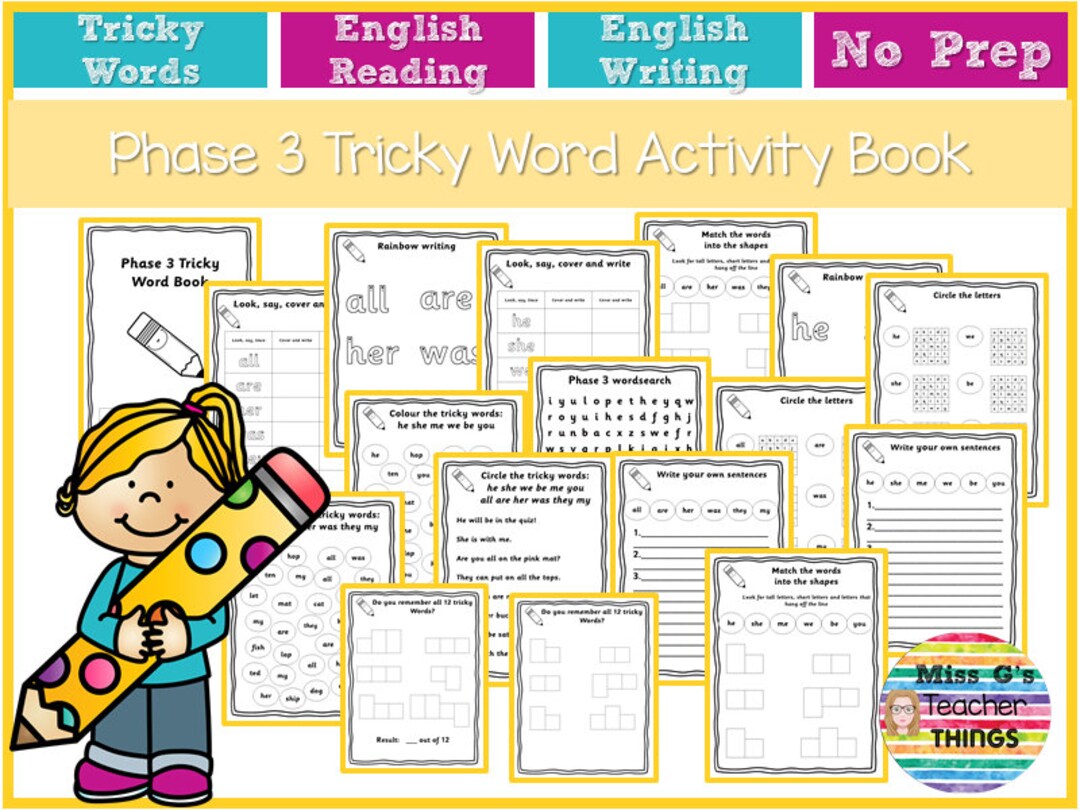 Year 1 / Kindergarten / Reception - Phase 3 Tricky Word Activity Book ...