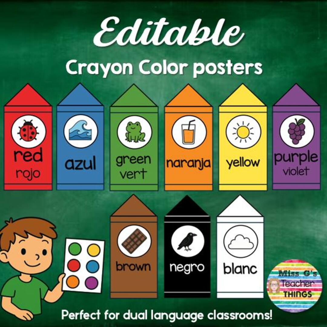 Bilingual Color Posters – Crayon Theme | Editable | Classroom Decor - Etsy