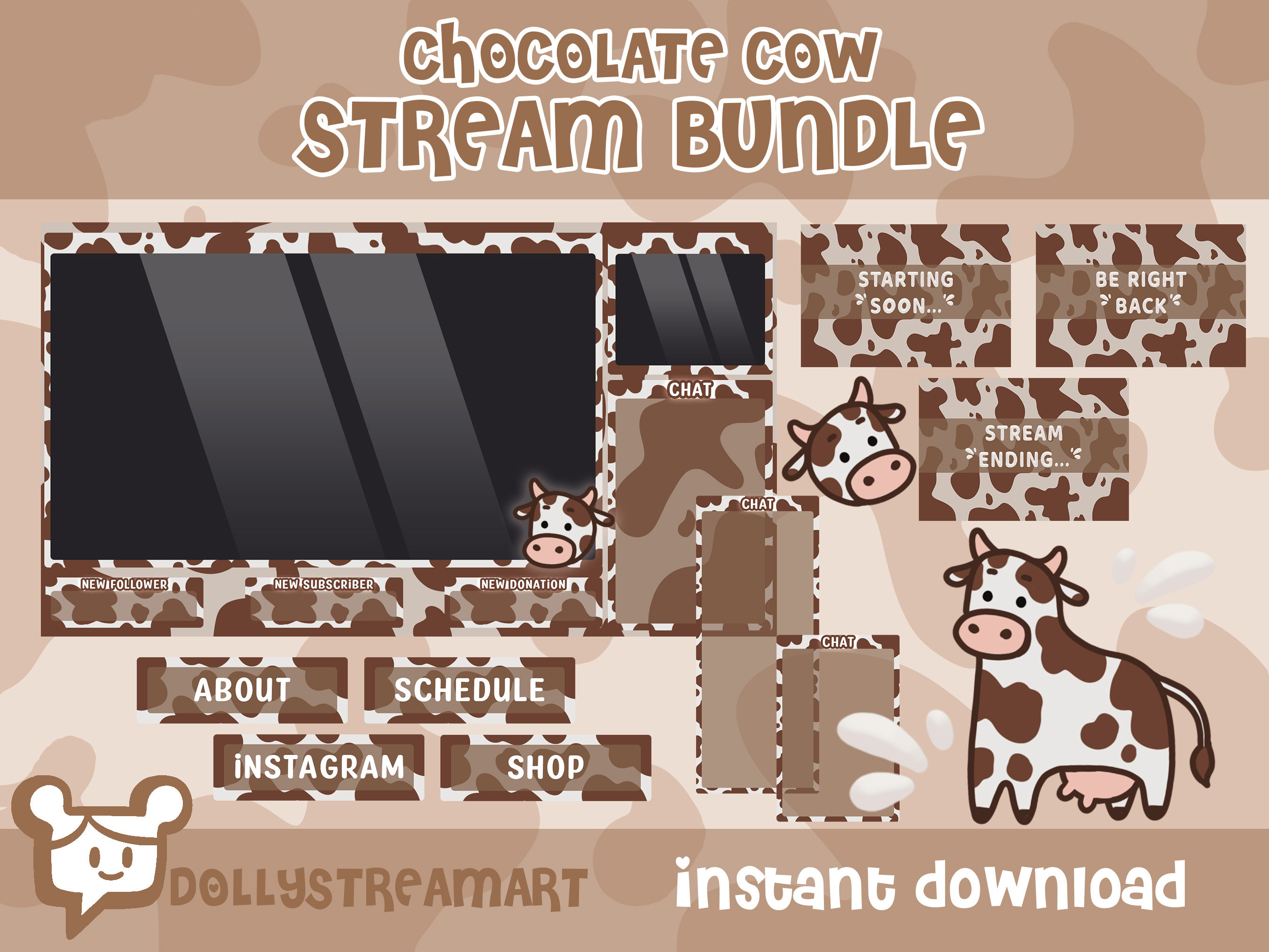 Chocolate Brown Cow Twitch Overlay Bundle, Stream Pack for Youtube and ...