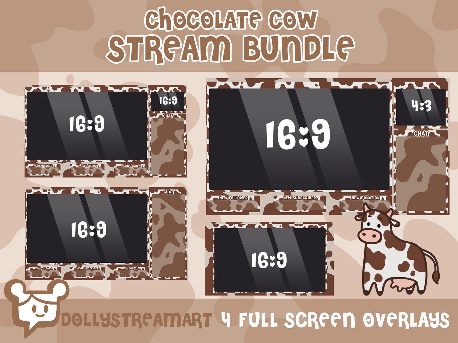 Chocolate Brown Cow Twitch Overlay Bundle, Stream Pack for Youtube and ...