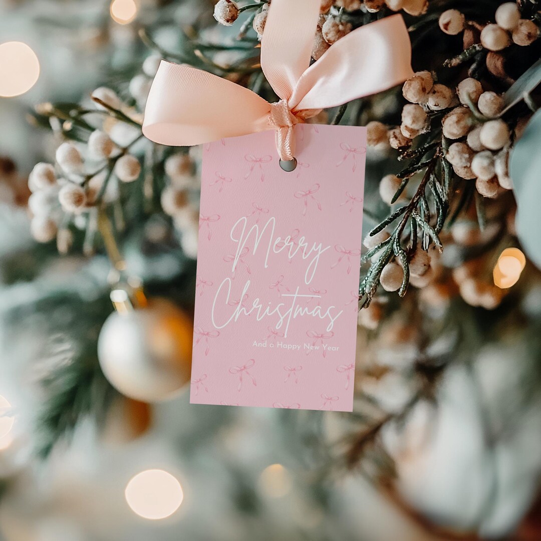Pink Bows Christmas Gift Tag | Editable Favour Tag | Personalised Gift ...