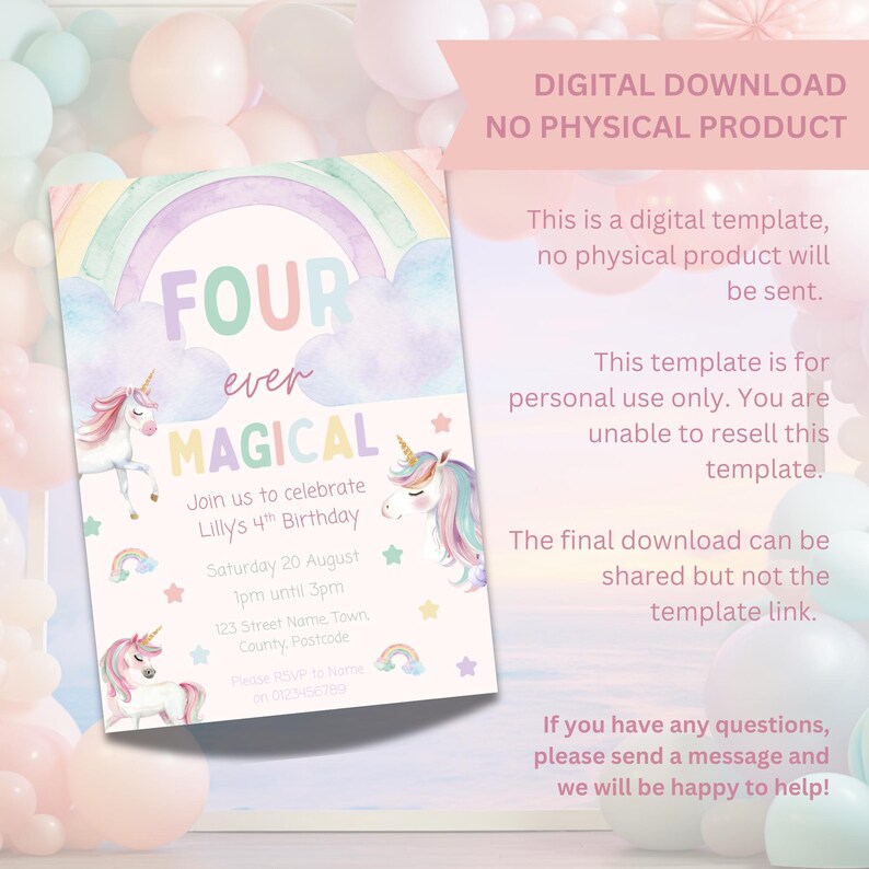 Unicorn Four Ever Magical Birthday Invitation | Pastel Unicorn | 4th ...