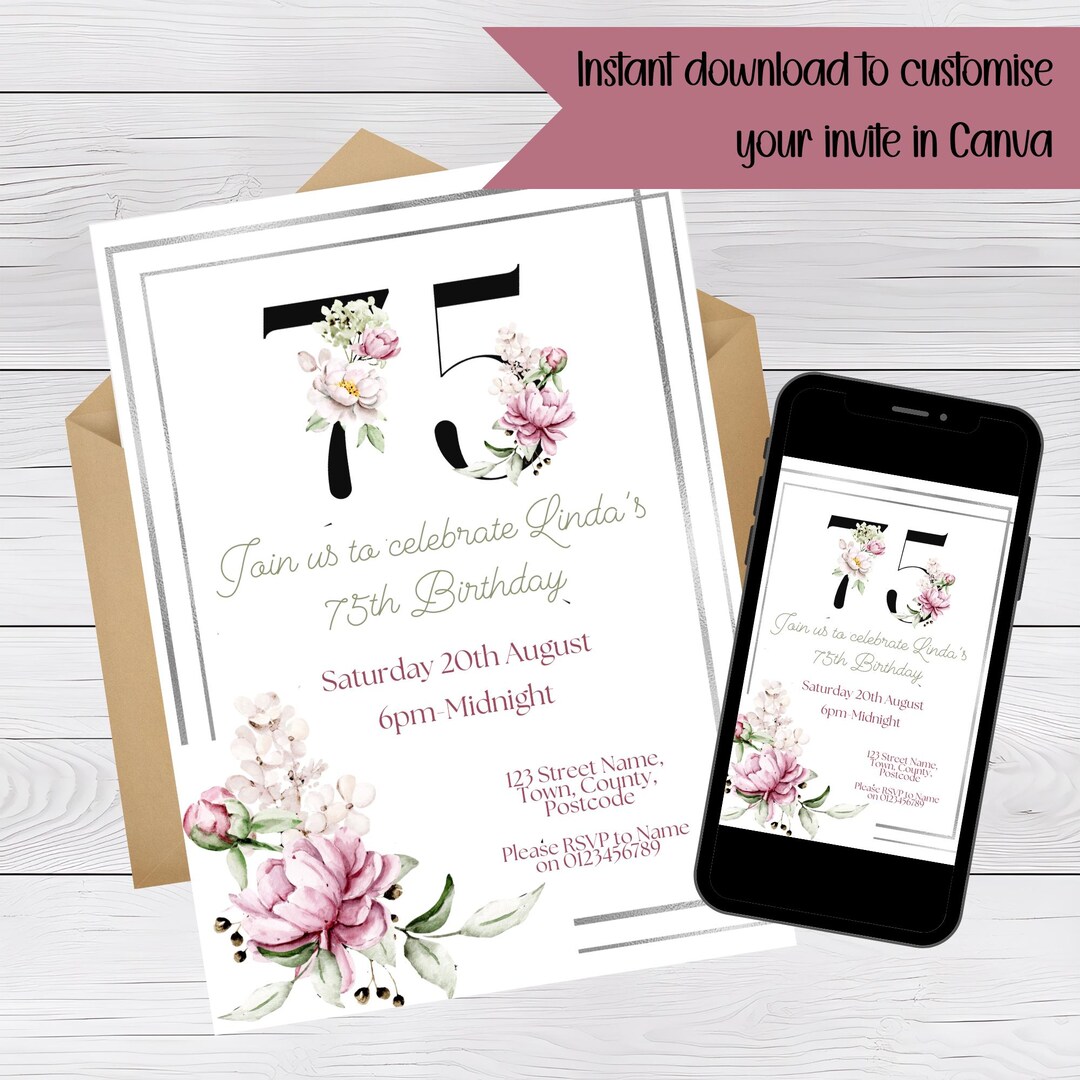 Floral 75th Birthday Invitation Template: Editable Canva Party Invite ...