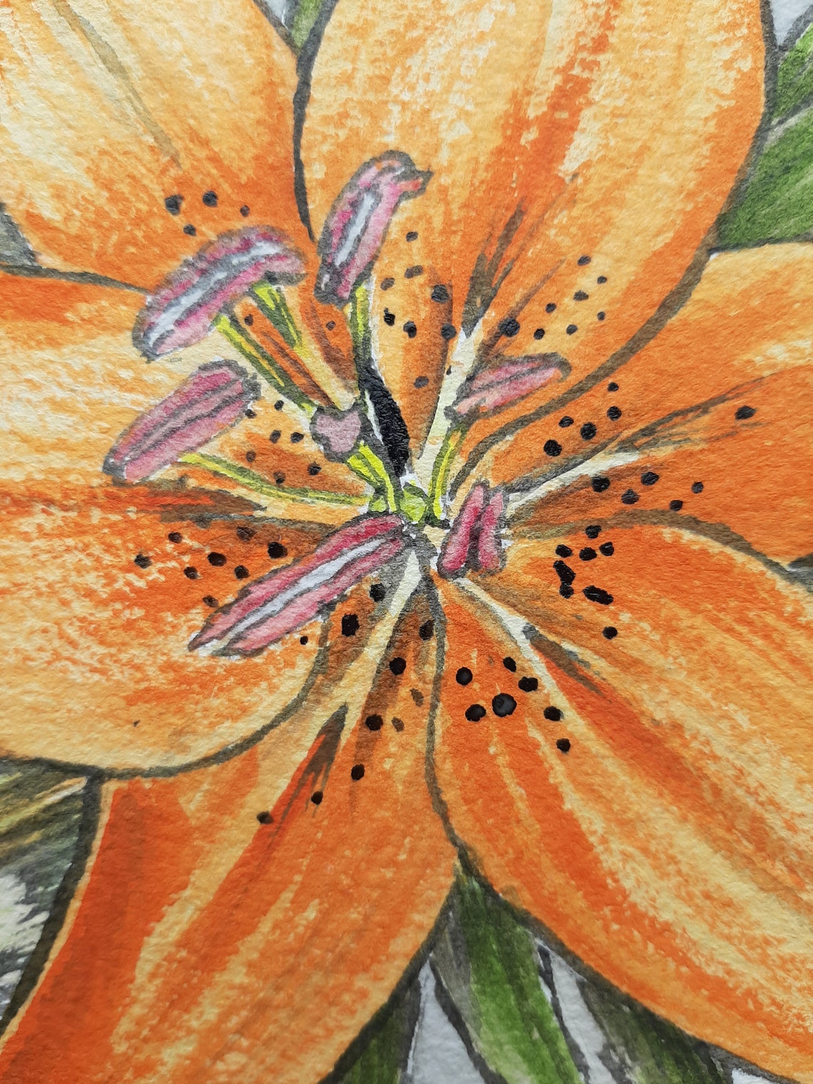 Original Wall Art Painting Orange Lily Line & Wash - Etsy