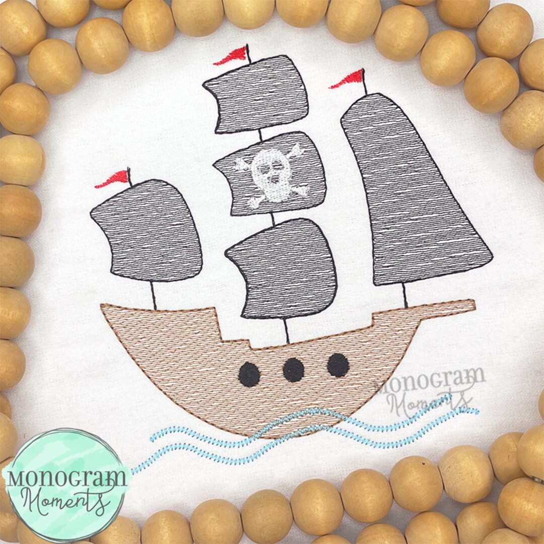 Pirate Ship Machine Embroidery Design File, Summer Bean Stitch Sketch ...