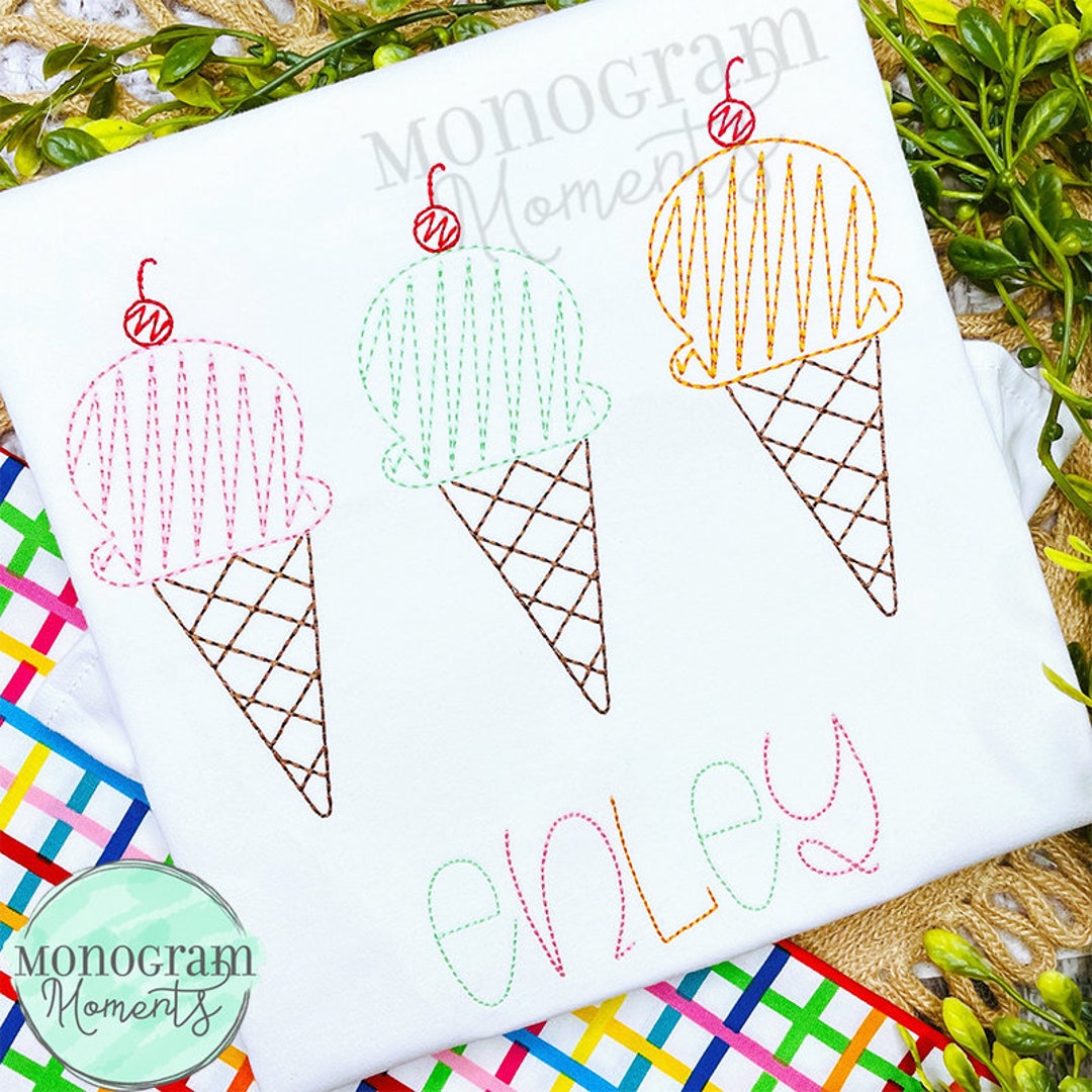 Ice Cream Cone Trio Machine Embroidery Designs, Summer Bean Stitch ...