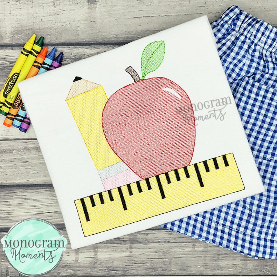 Pencil, Apple, & Ruler Machine Embroidery Design, School Bean Stitch ...