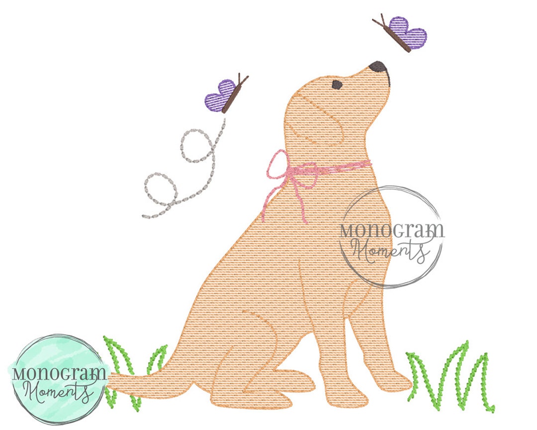Lab With Bow and Butterflies Machine Embroidery Design, Dog Bean Stitch ...