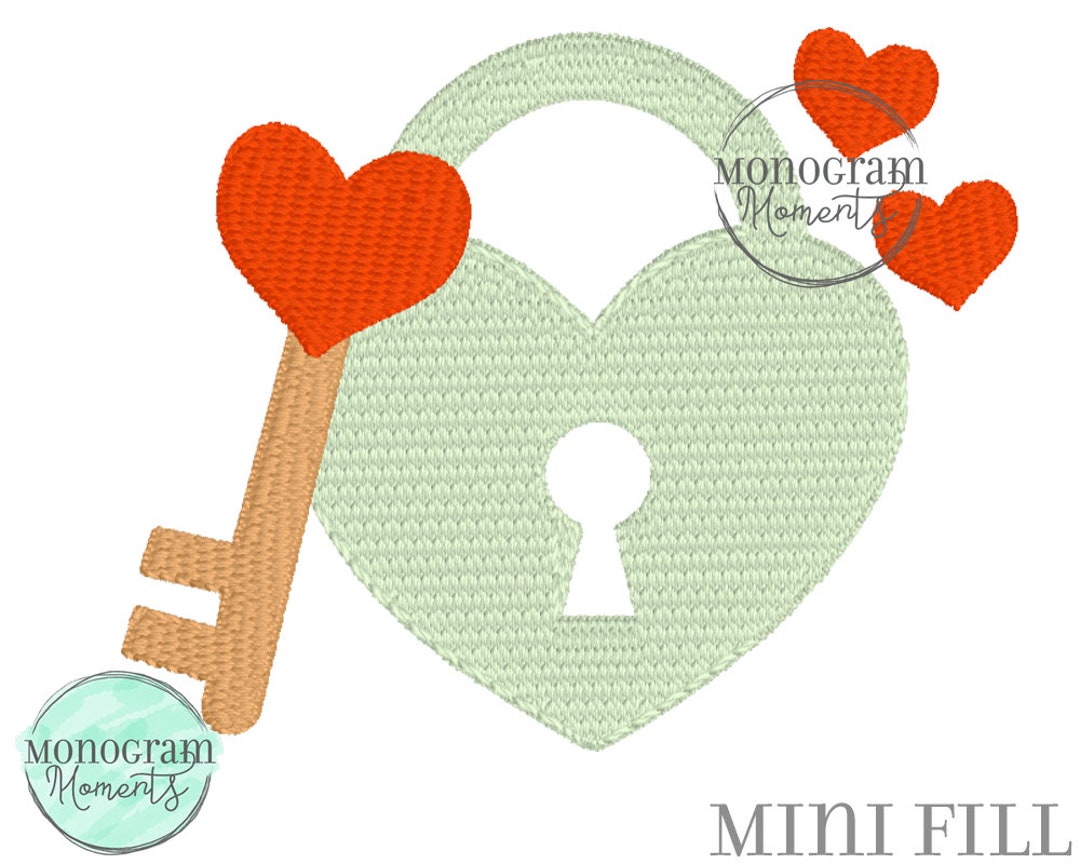 Heart Lock & Key Mini Embroidery Designs, Mini Fill Stitch Embroidery ...