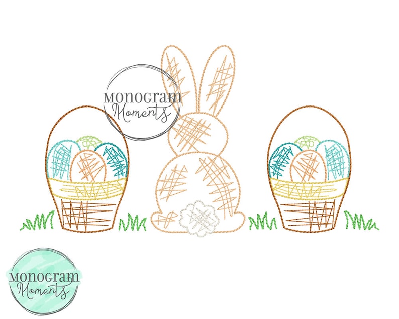 Scribble Easter Bunny and Easter Baskets Trio Machine Embroidery Design ...