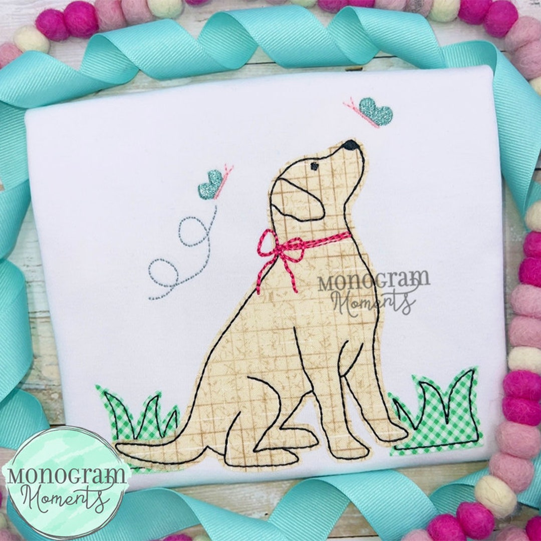 Lab With Bow & Butterflies Machine Embroidery Design, Dog Bean Stitch ...