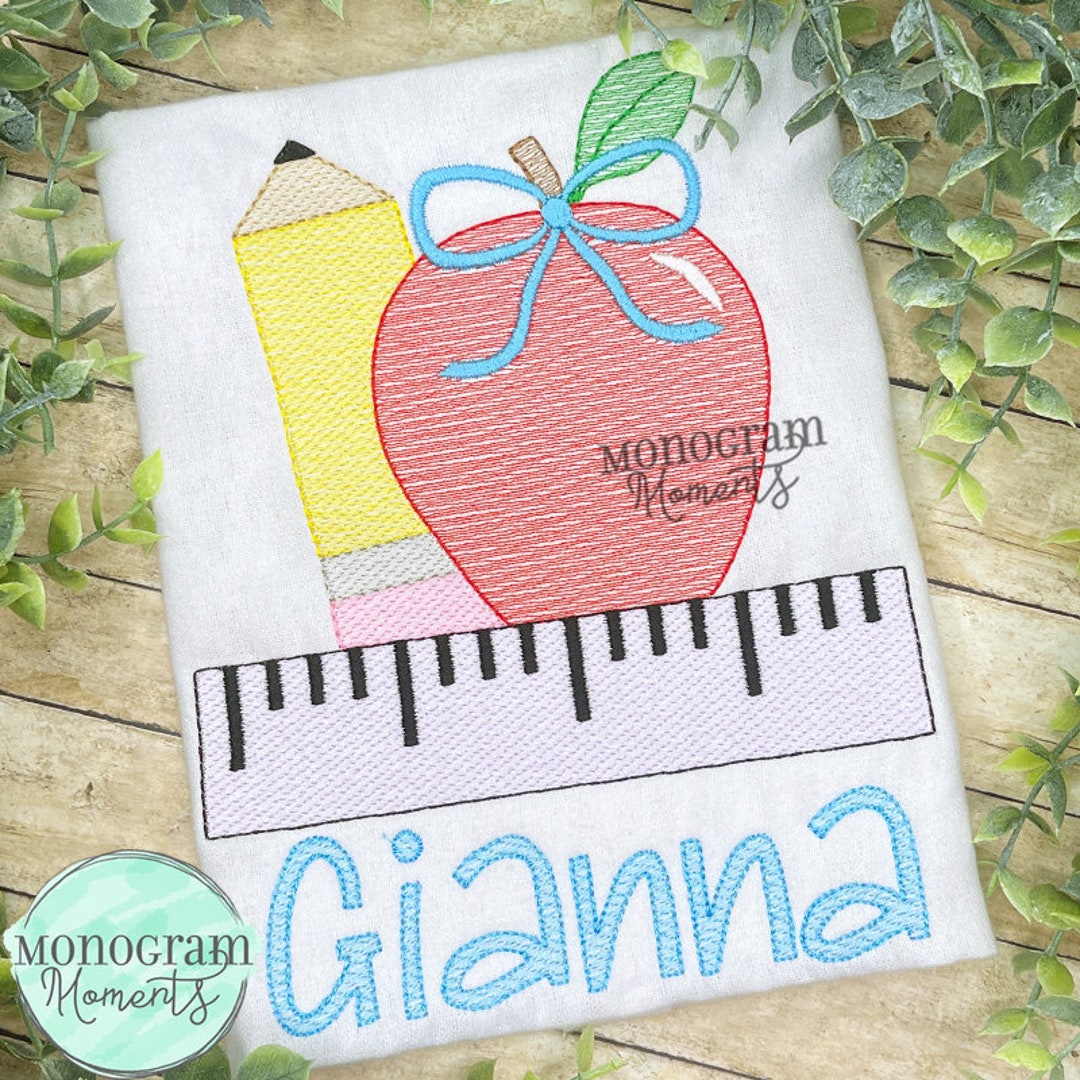 Girl's Pencil, Apple, & Ruler Machine Embroidery Design, School Bean ...