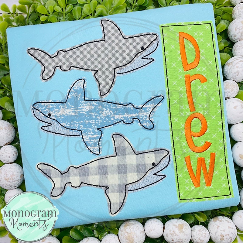 Shark Trio Machine Embroidery Design, Summer Bean Stitch Applique ...