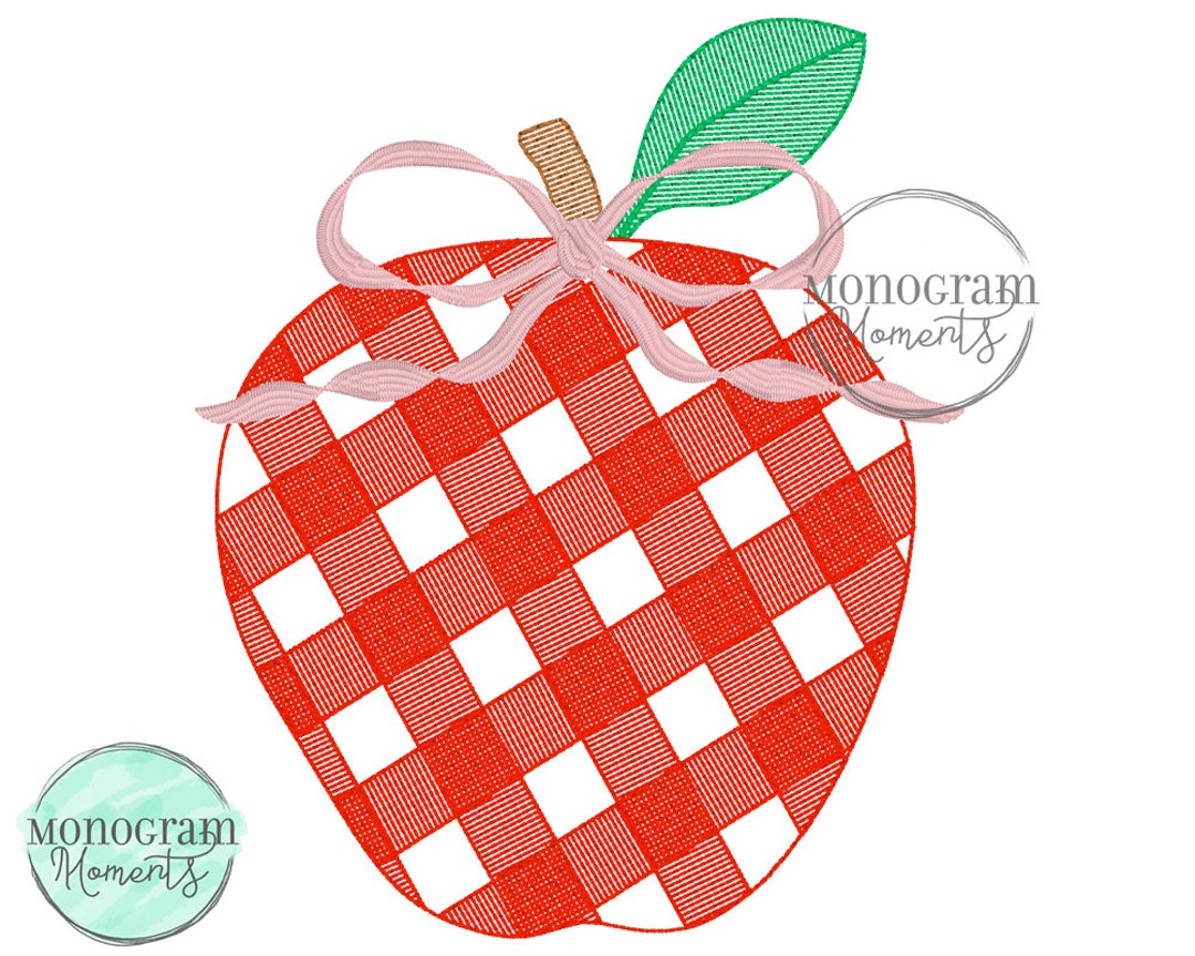 Gingham Apple With Bow Machine Embroidery Design File, Summer Bean ...