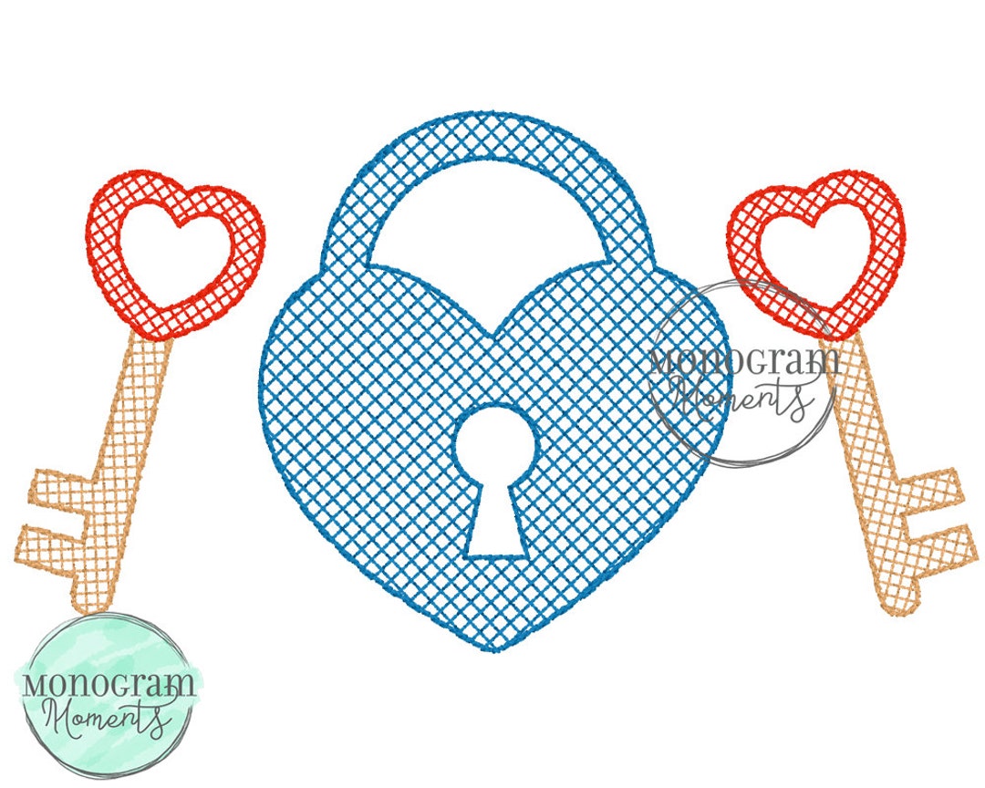 Heart Lock & Key Machine Embroidery Design, Valentine Bean Stitch ...