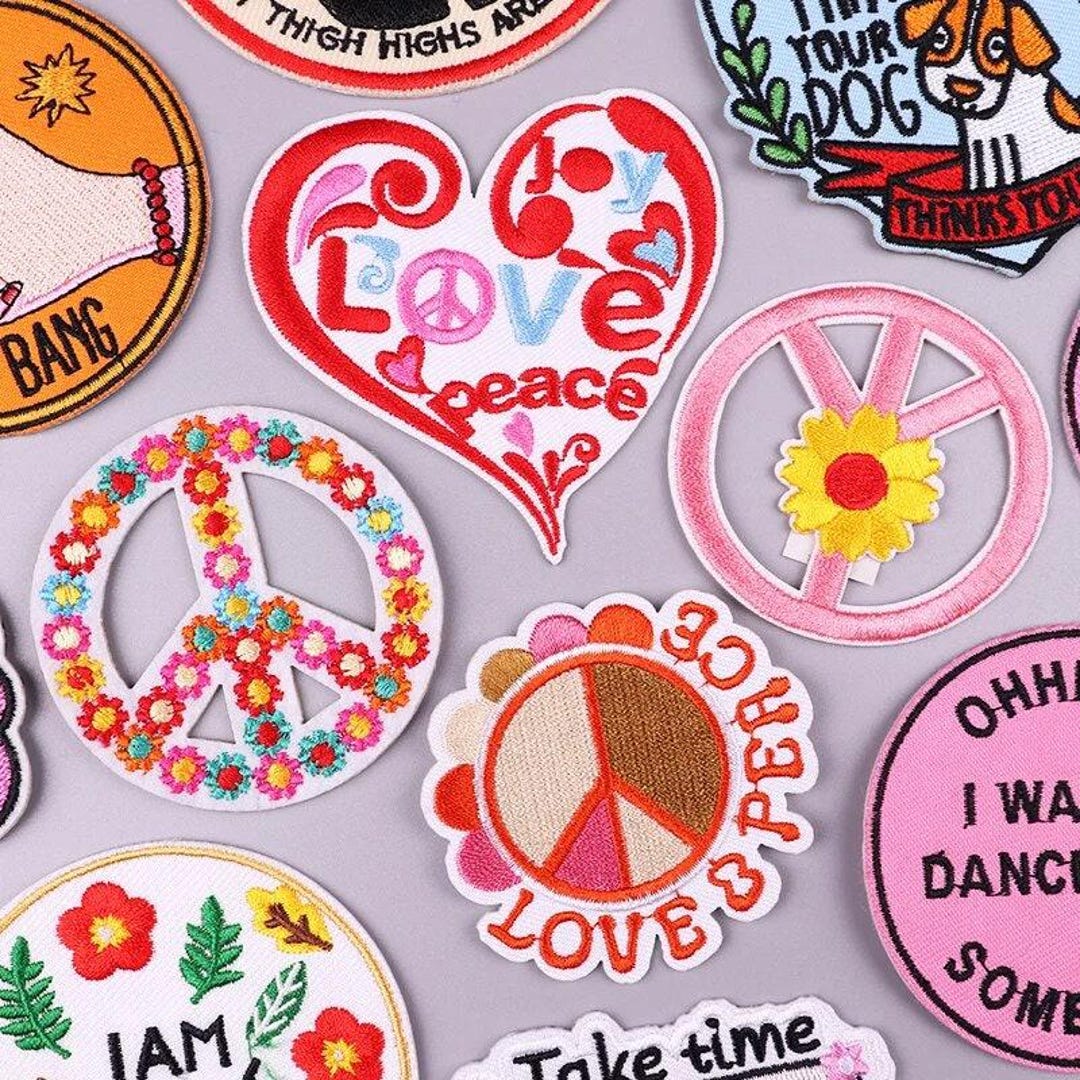 Jean DIY Love Peace Patch, Cartoon Letter Flower Embroidery, Iron on ...