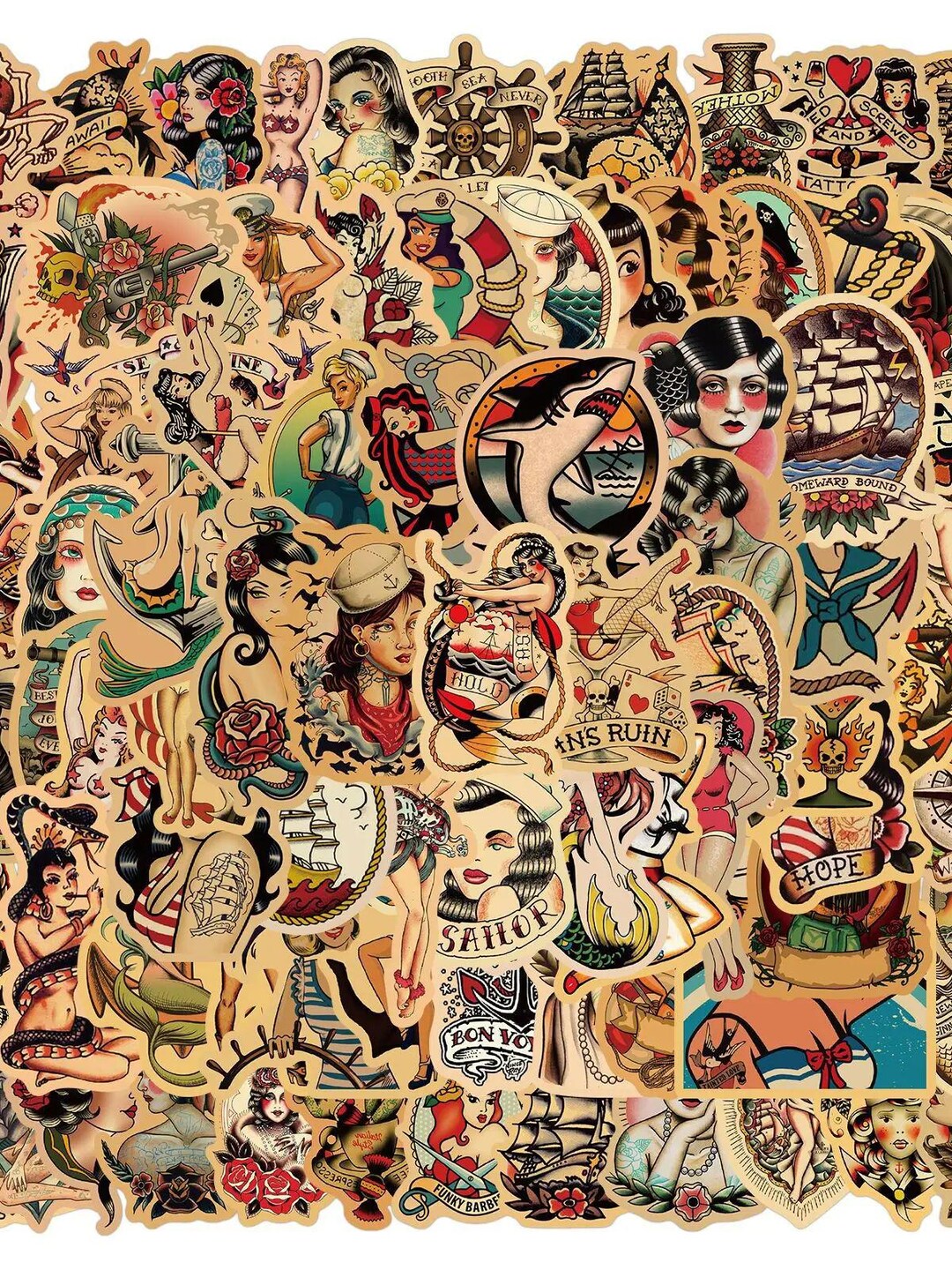 Retro Old School Tattoo Style Cartoon Stickers 100PCS, DIY for ...