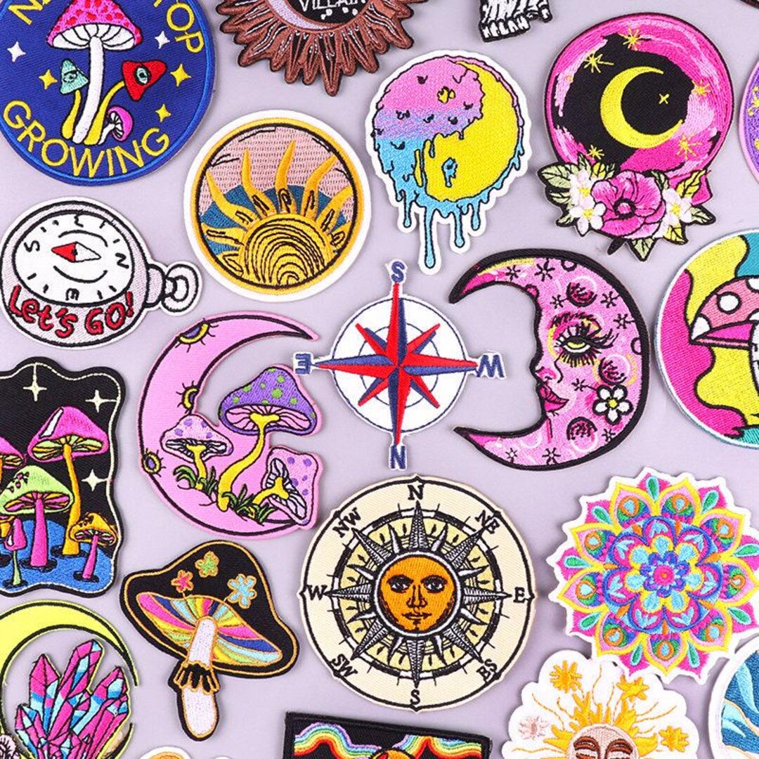 Compass/outdoor Iron on Patches for Clothing, Moon Mushroom Embroidery ...