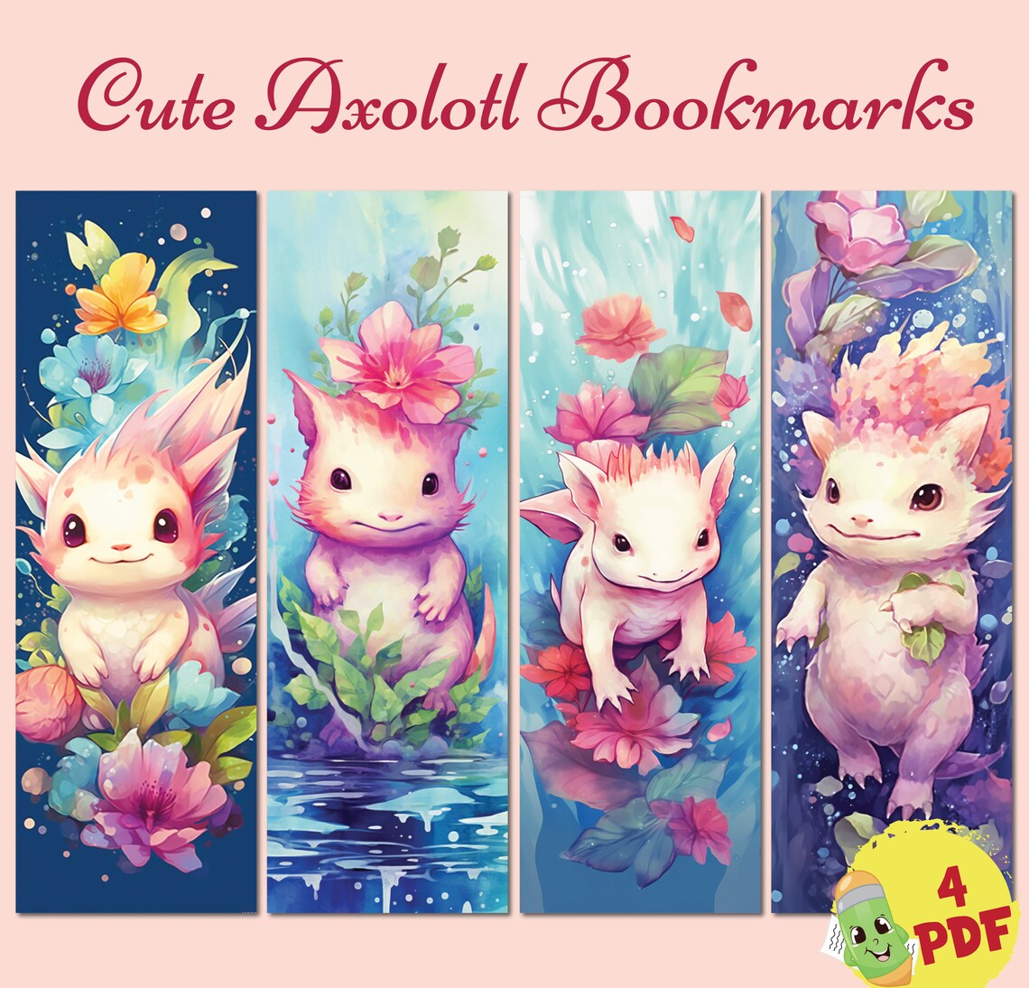 Printable Cute Axolotl Bookmarks PDF, Axolotl Cartoon, Bookmarks for ...