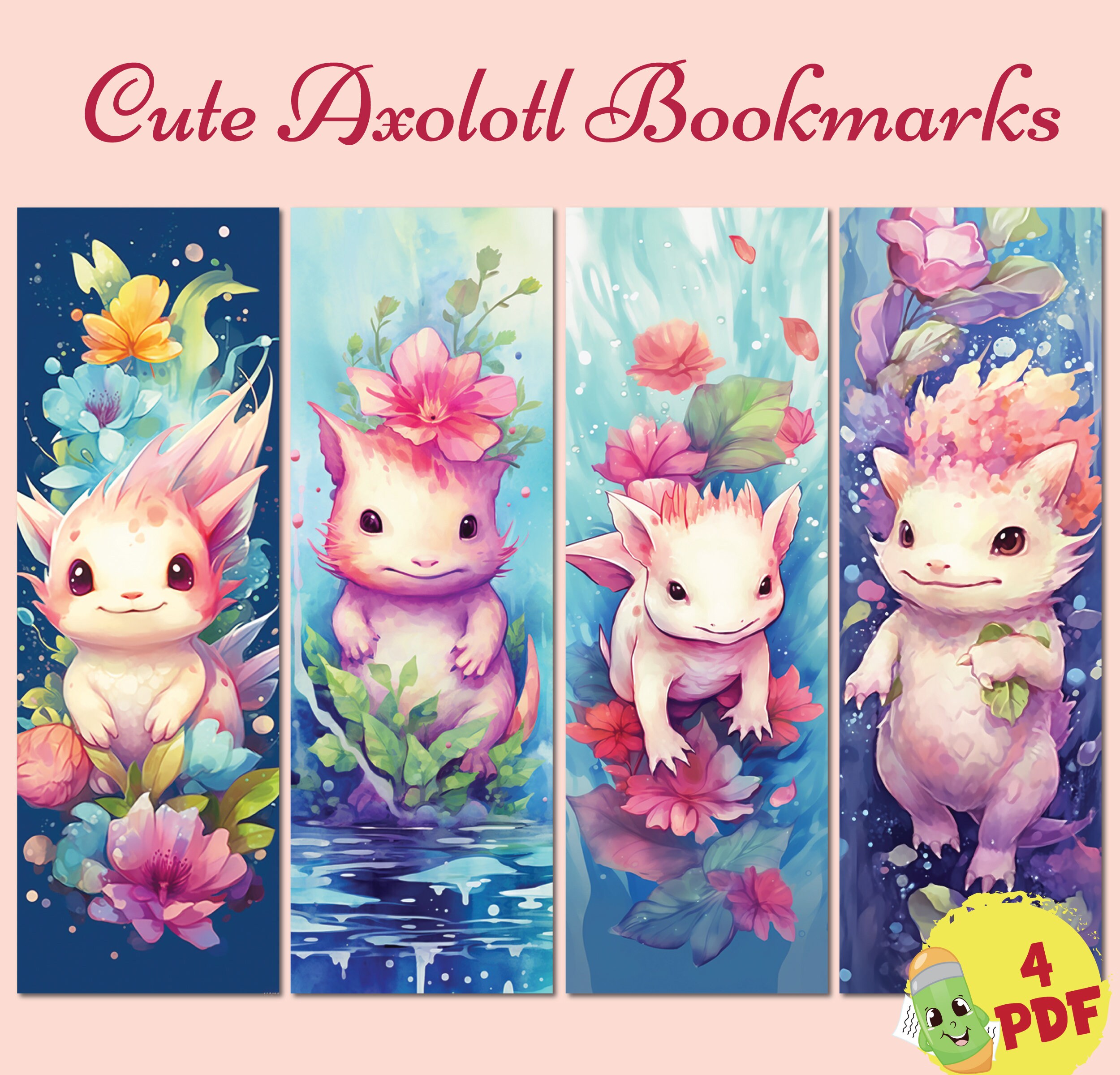 Printable Cute Axolotl Bookmarks PDF, Axolotl Cartoon, Bookmarks for ...