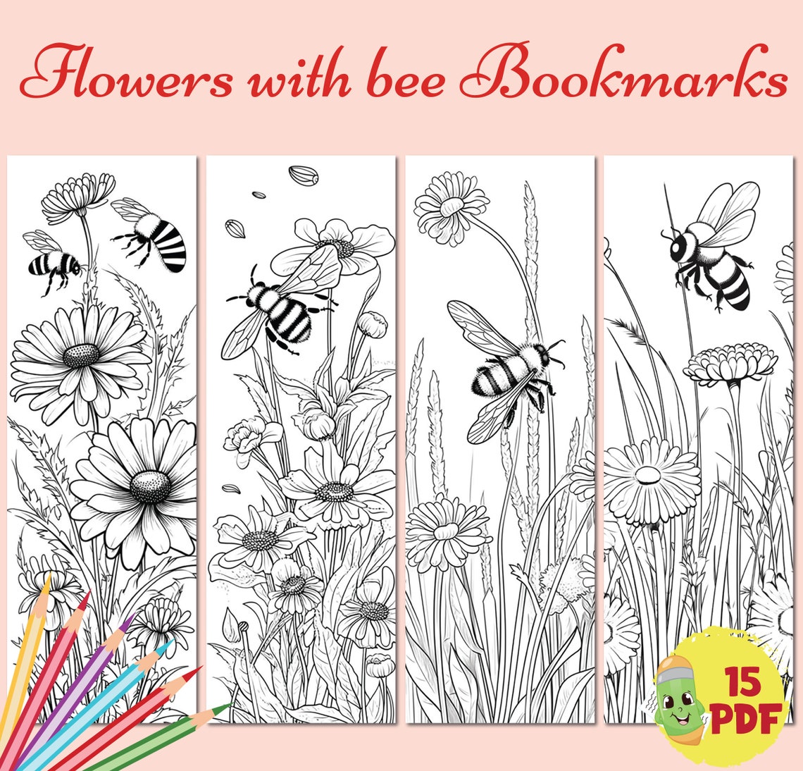 Printable Flowers With Bee Bookmarks for Kids and Adults, Digital ...