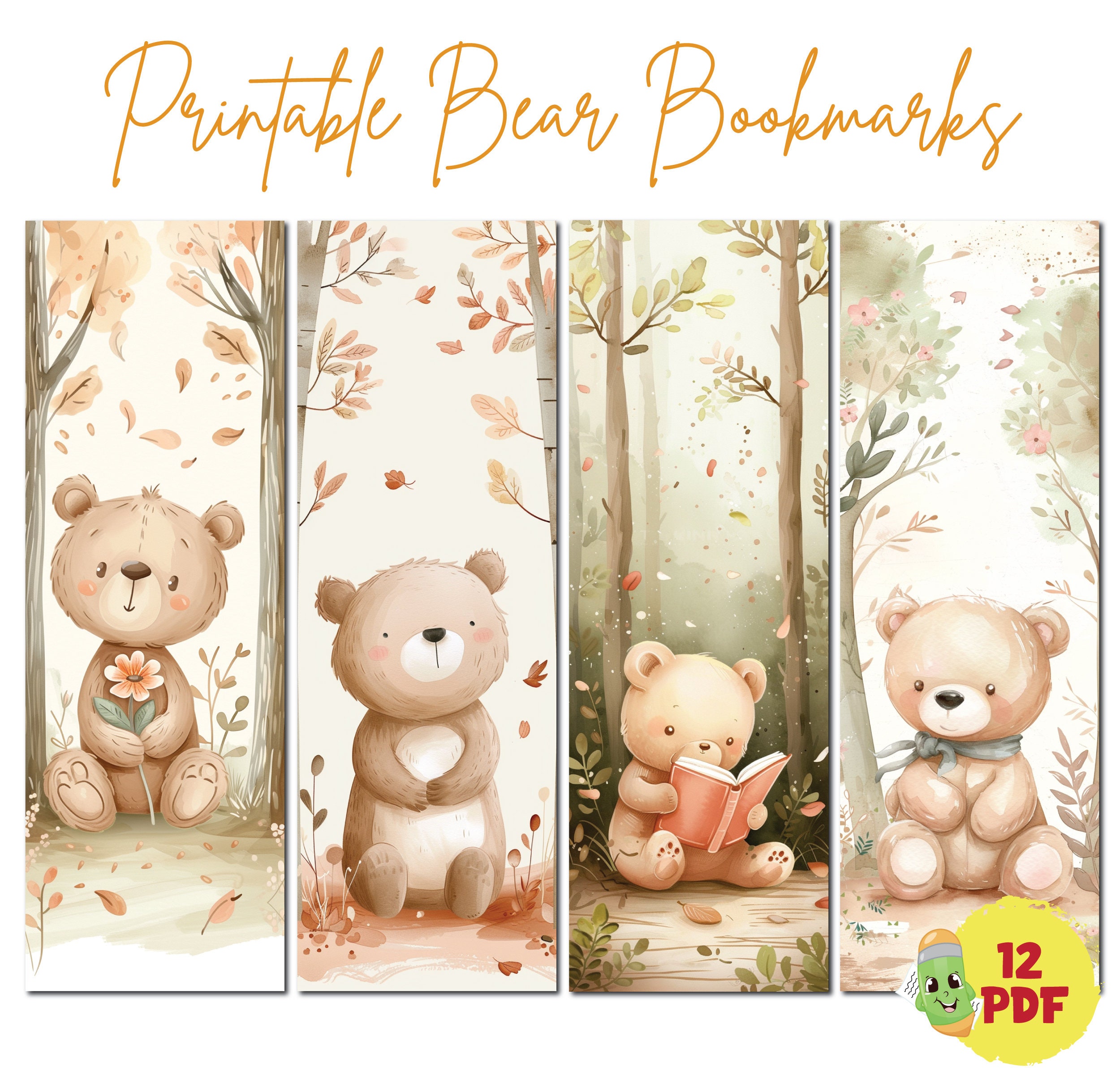 Printable Cute Watercolor Bear Bookmarks for Kids ,digital Bookmarks ...