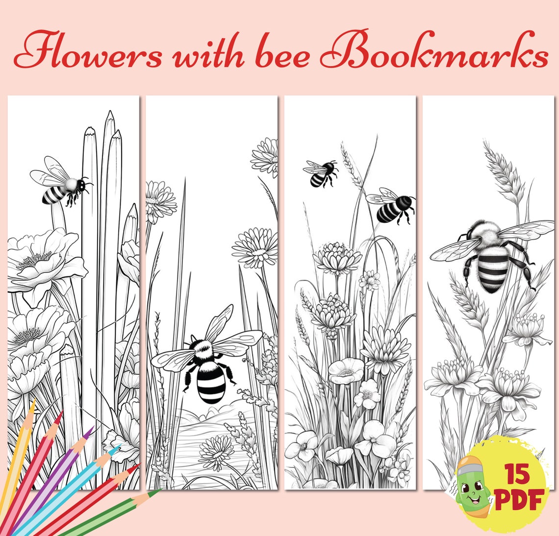 Printable Flowers With Bee Bookmarks for Kids and Adults, Digital ...