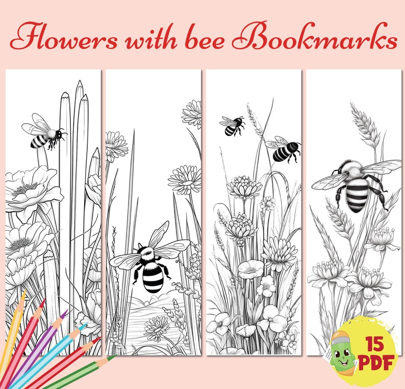 Printable Flowers With Bee Bookmarks for Kids and Adults, Digital ...