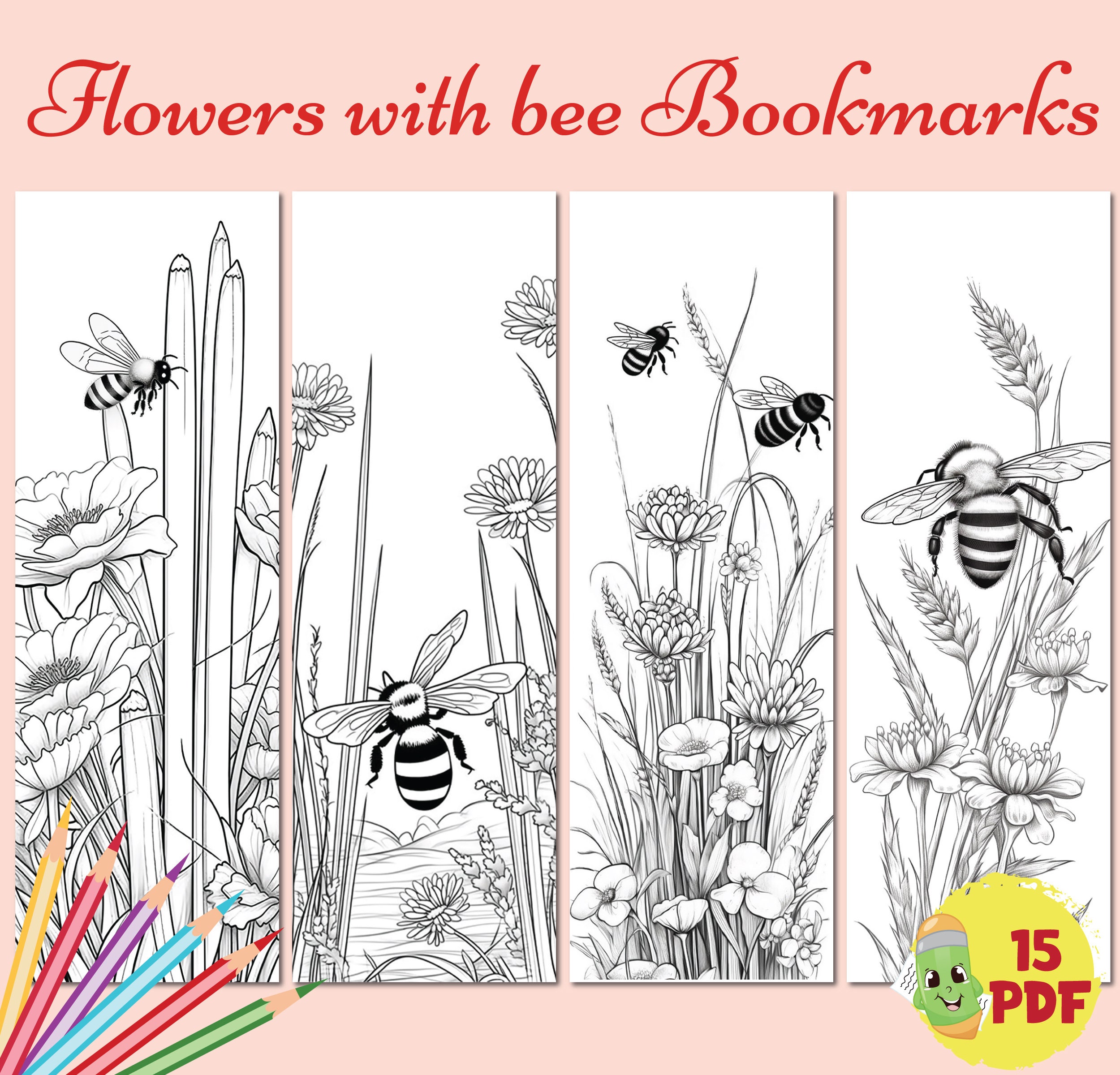 Printable Flowers With Bee Bookmarks for Kids and Adults, Digital ...
