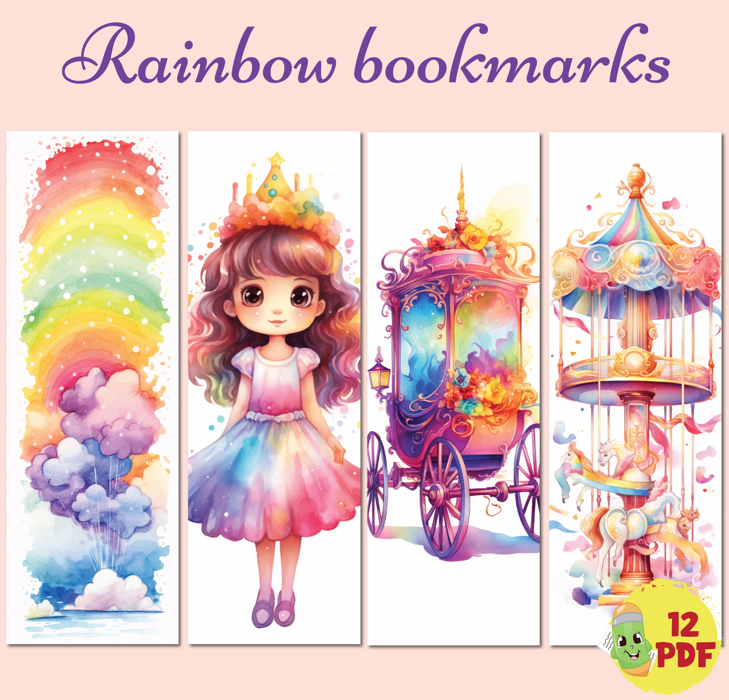 Printable Princess Rainbow Bookmarks for Kids and Adults, Castle ...