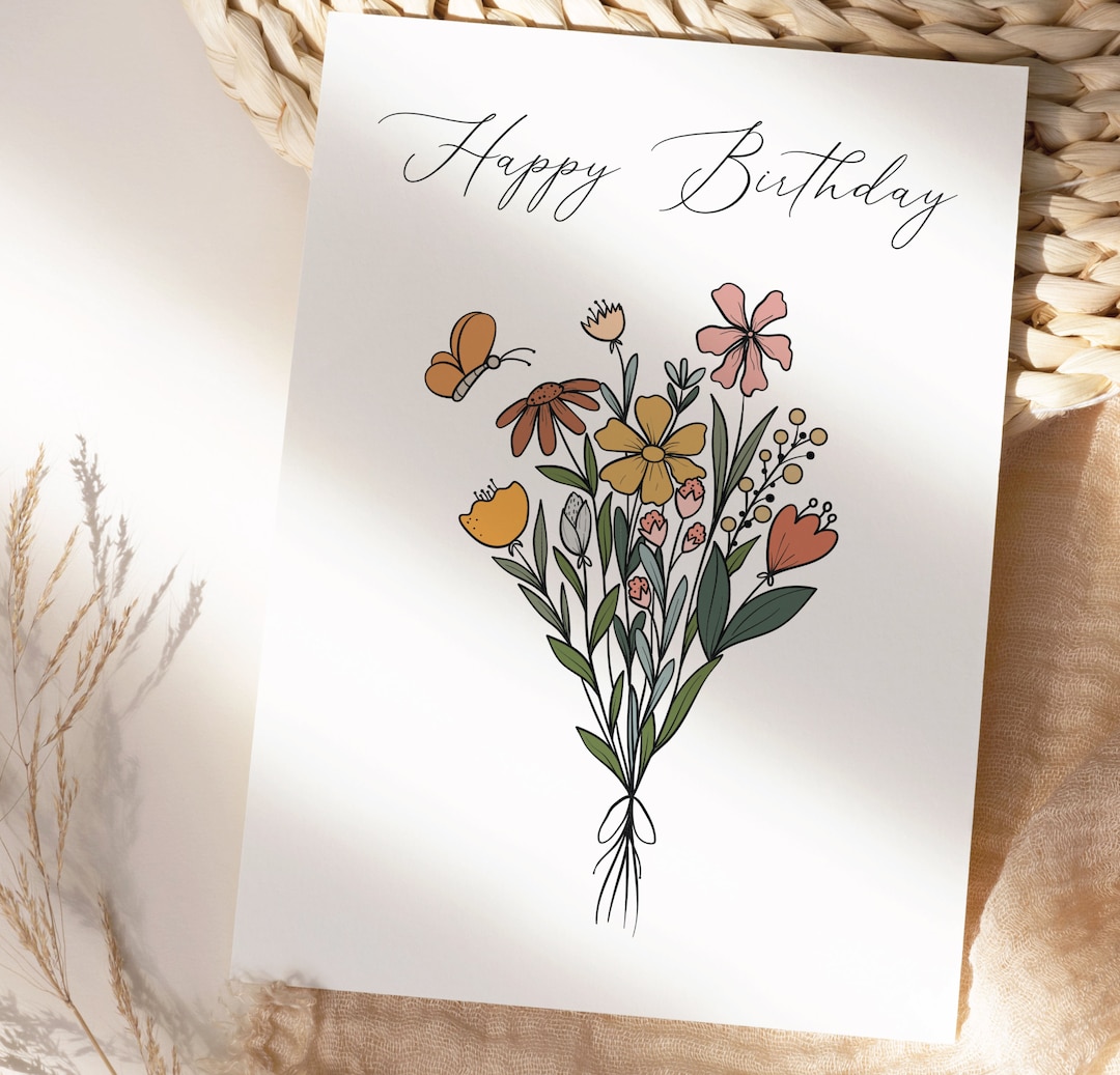 Printable Flower Birthday Card, Printable Greeting Card, Minimalist ...