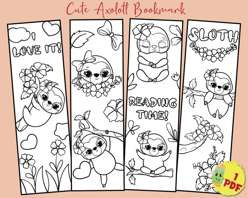Printable Cute Sloth Coloring Bookmarks for Kids, Baby Sloths, Summer ...