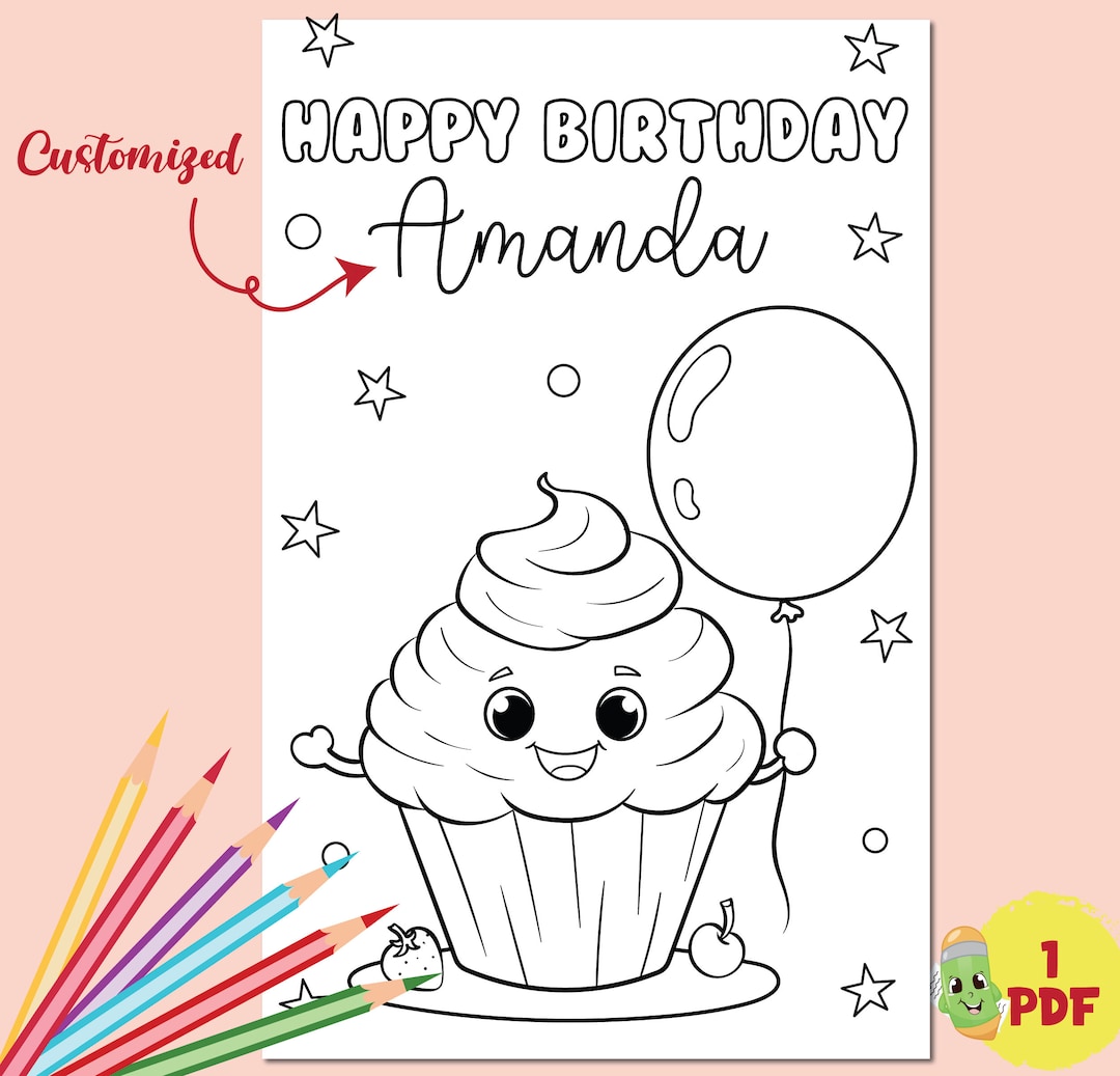 Printable Happy Birthday Card Coloring Pages, Personalized Card, Happy ...