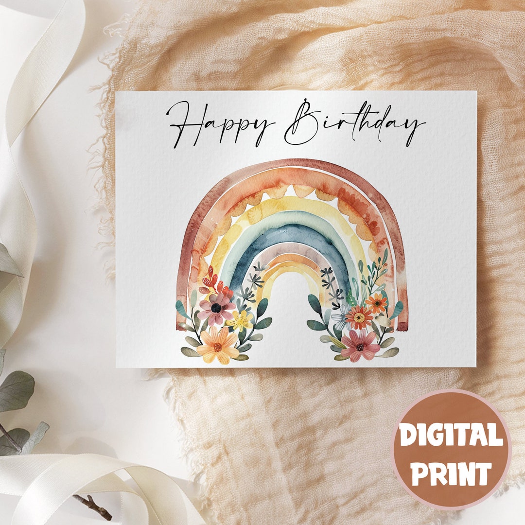 Printable Boho Rainbow Birthday Card, Happy Birthday Greeting Card ...
