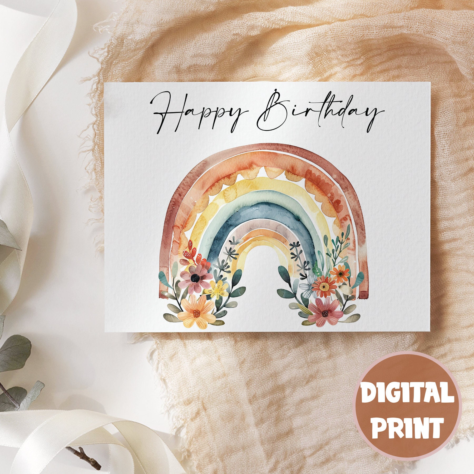 Printable Boho Rainbow Birthday Card, Happy Birthday Greeting Card ...
