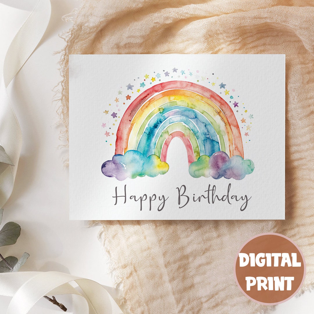 Printable Pastel Rainbow Birthday Card, Happy Birthday Greeting Card ...