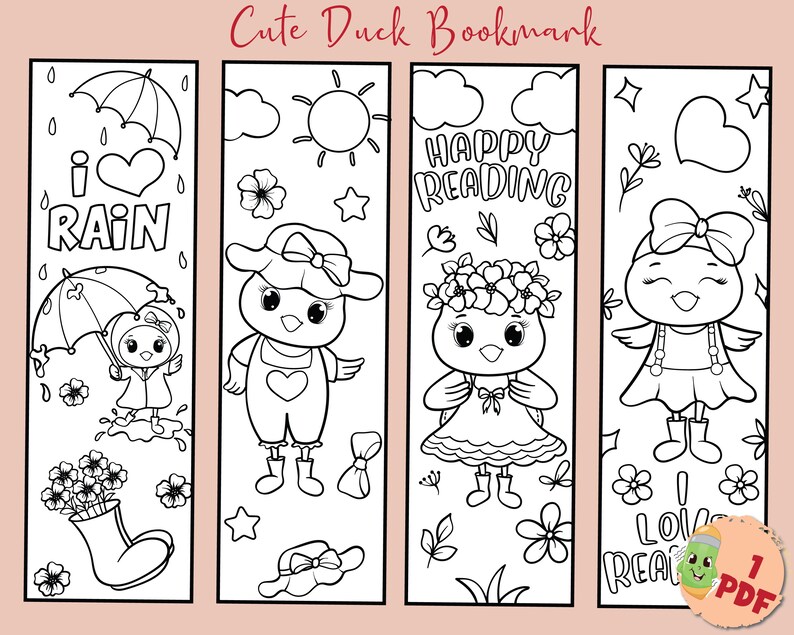 Printable Cute Spring Duck Coloring Bookmarks for Kids, Baby Ducky ...