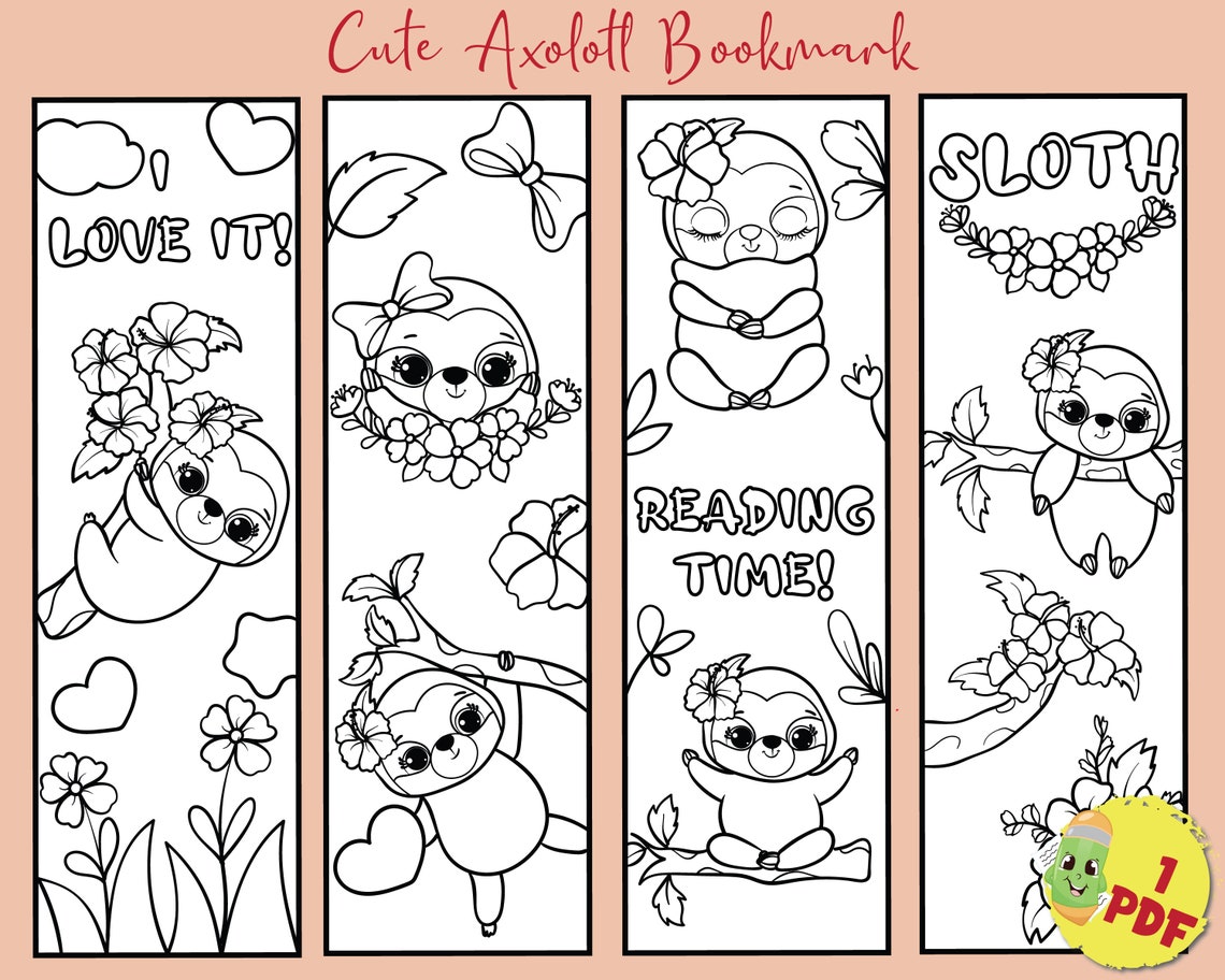 Printable Cute Sloth Coloring Bookmarks for Kids, Baby Sloths, Summer ...