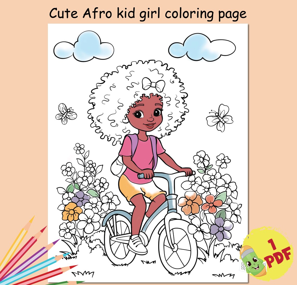 Printable Cute Afro Kid Girl Coloring Page for Kids, Girl on Bike ...