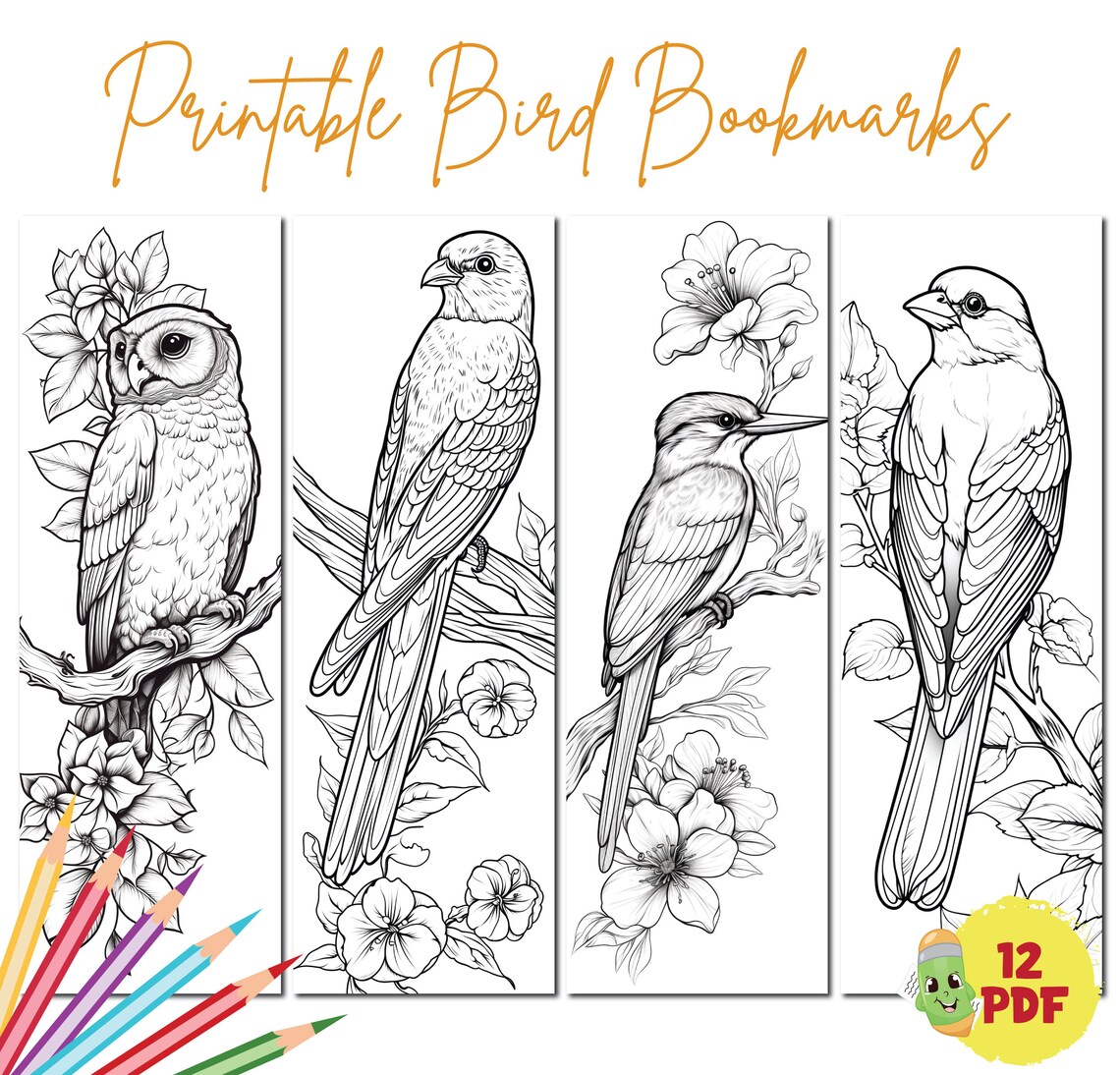 Printable Birds Coloring Bookmarks for Kids and Adults, Flowers, Bird ...