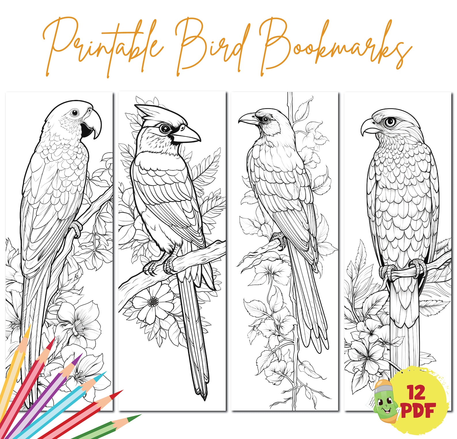 Printable Birds Coloring Bookmarks for Kids and Adults, Flowers, Bird ...