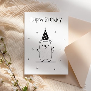 Printable Cute Bear Coloring Birthday Card, Bear Printable Greeting ...