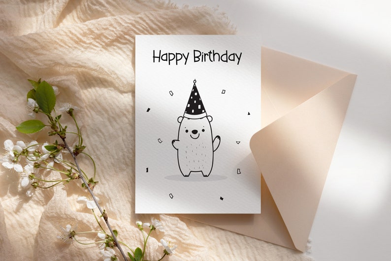 Printable Cute Bear Coloring Birthday Card, Bear Printable Greeting ...