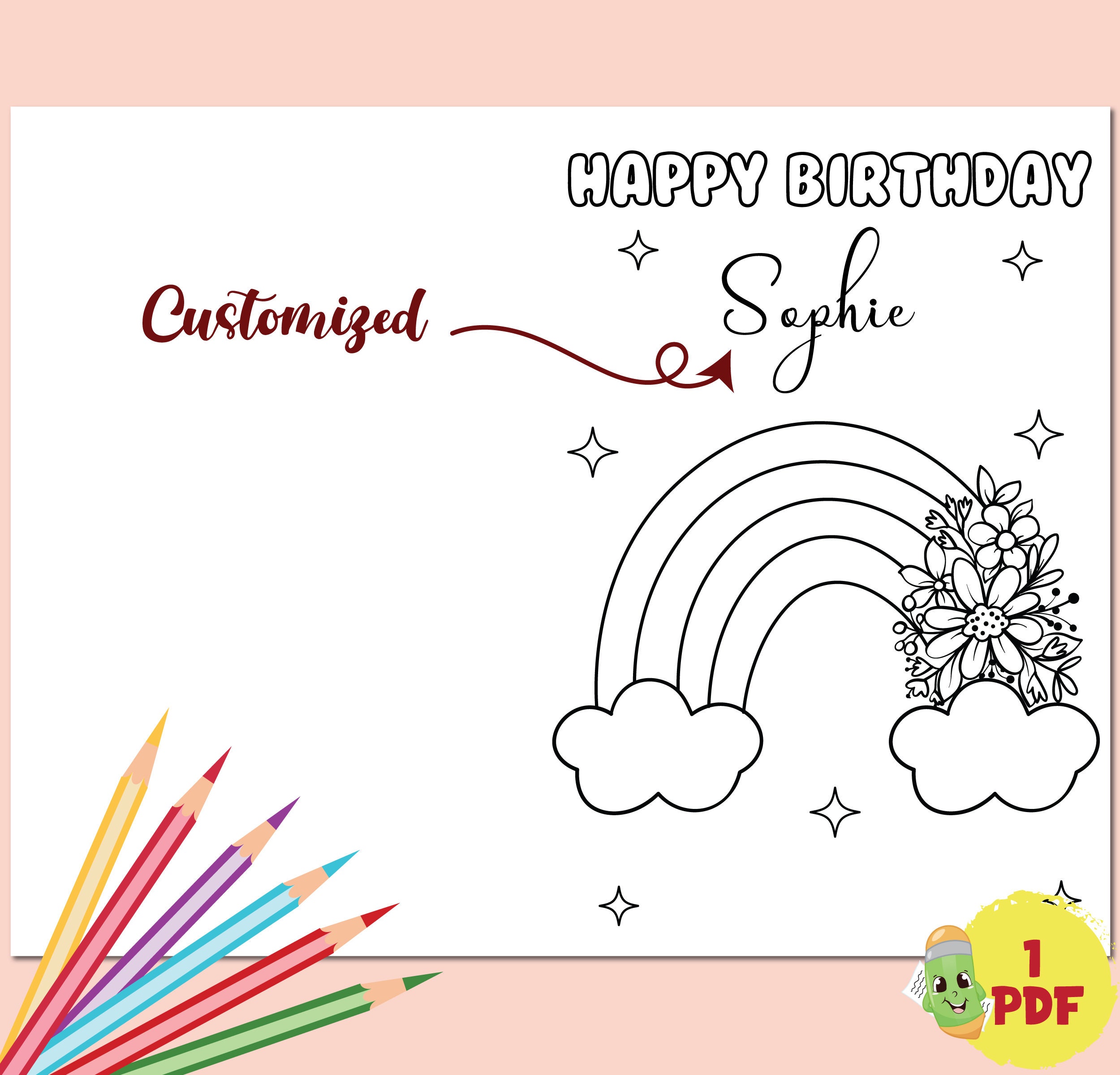 Printable Happy Birthday Card Coloring Pages, Personalized Card ...