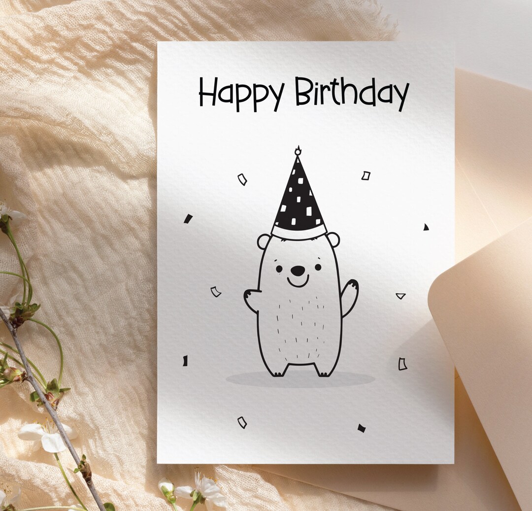 Printable Cute Bear Coloring Birthday Card, Bear Printable Greeting ...