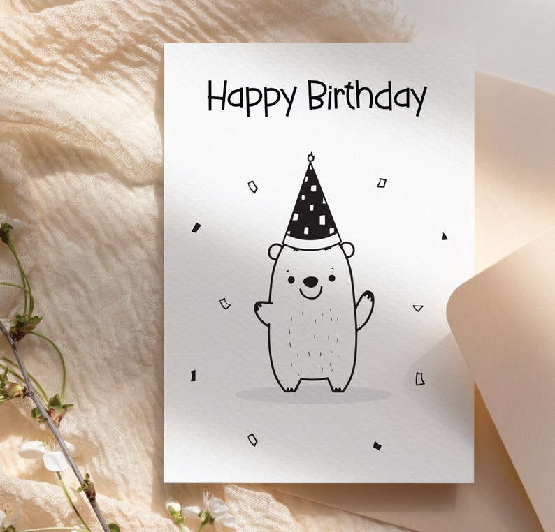 Printable Cute Bear Coloring Birthday Card, Bear Printable Greeting ...