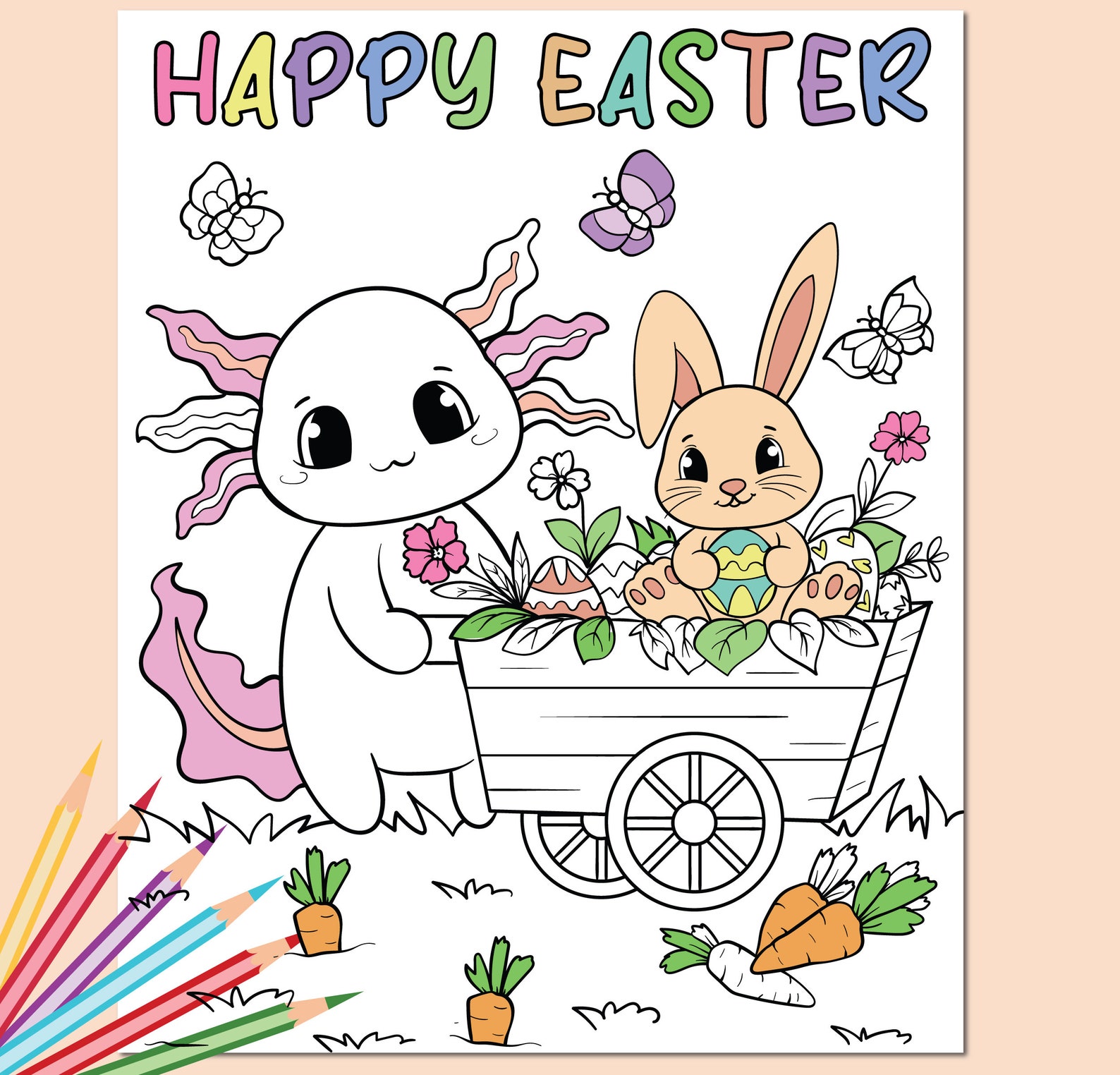 Printable Cute Axolotl Coloring Pages for Kids and Adults, Spring Bunny ...