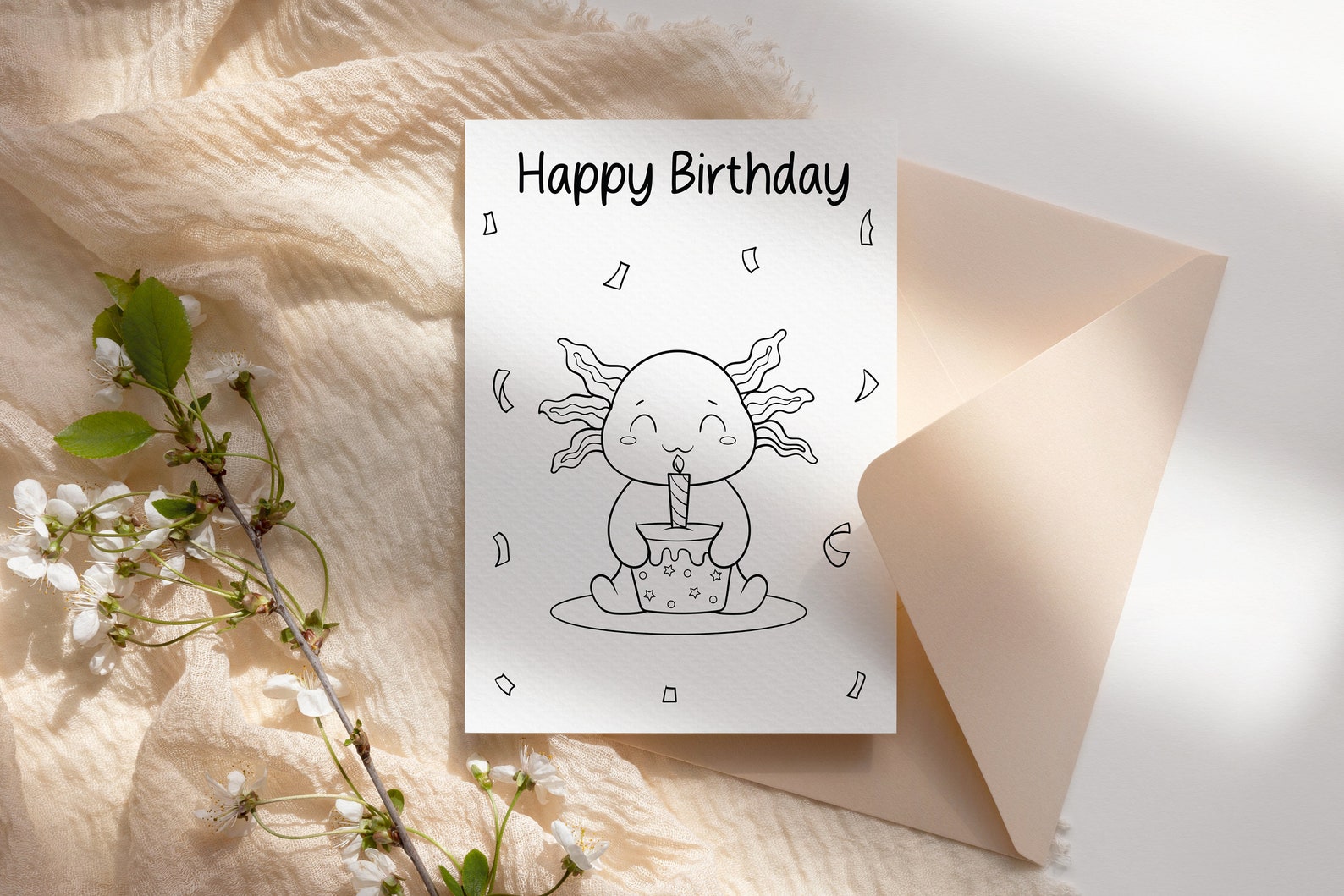 Printable Cute Axolotl Coloring Birthday Card, Printable Greeting Card ...
